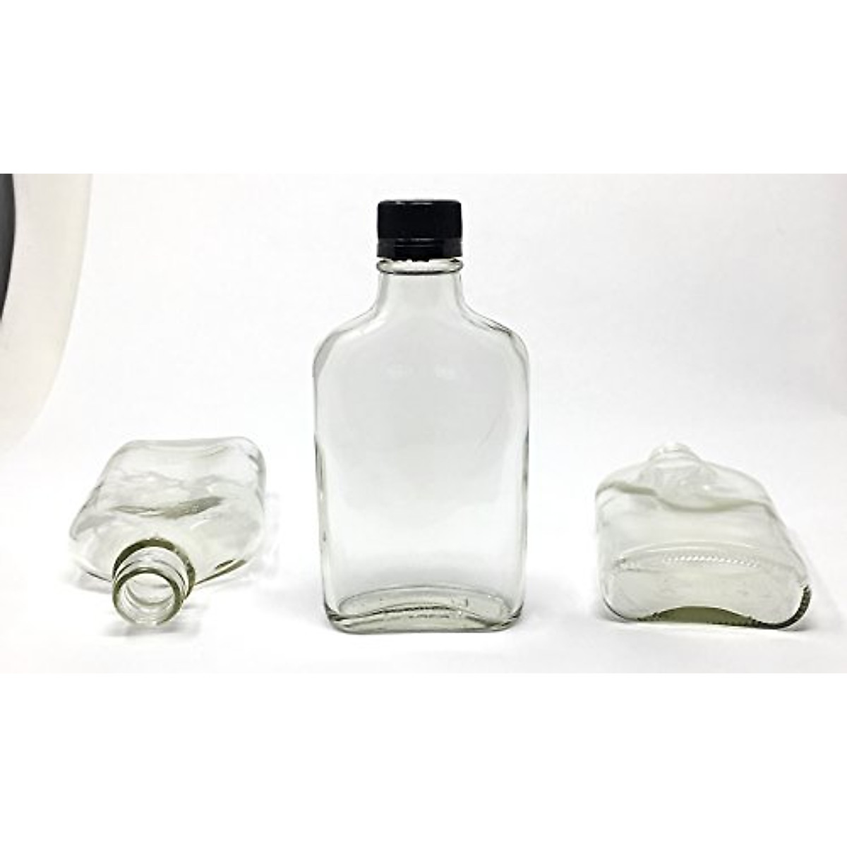 200 ml (6.6 oz) Glass Flask Liquor Bottle with Black Caps (12 Pack)