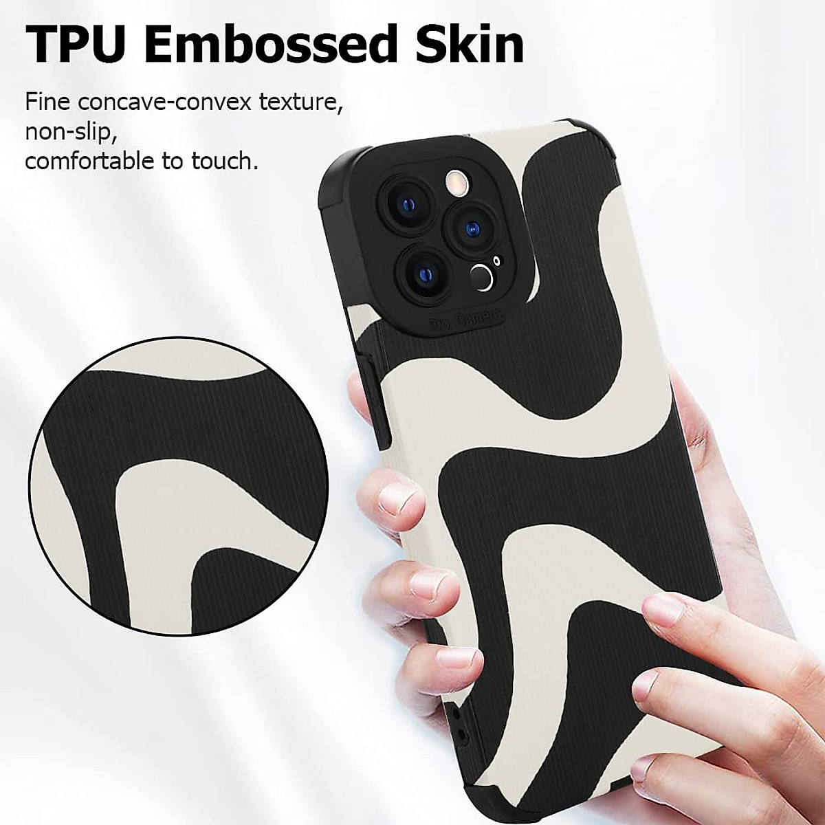 Wlxee iPhone 13 Pro Max Case, Wave Pattern Mobile Phone Case with Camera Protector, Soft Silicone Bumper for Female Girls - Black White