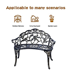 JARDIN DE CENTENNIAL Patio Garden Bench Metal Park Bench Cast Aluminum Outdoor Furniture with Floral Rose for Patio,Park,Lawn,Yard (Copper)
