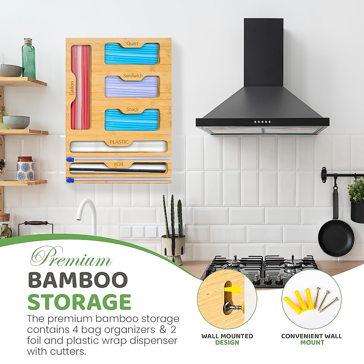 PrimeNex Ziplock Bag organizer, Ziplock Foil and Plastic Wrap Dispenser with Cutter, 6 in 1 Bamboo Kitchen Drawer Plastic Bag Food Baggie Organizer for Drawer Gallon, Quart, Sandwich, Snack (Natural)