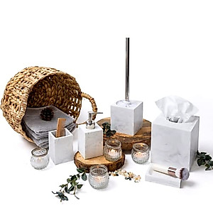 Kurrajong Farmhouse 5 Piece Bathroom Accessories Set | Faux Marble Bathroom Accessory Set | Faux Marble White Bathroom Set | Tissue Box, Toilet Brush, Soap Dish, Soap Dispenser, Toothbrush Holder