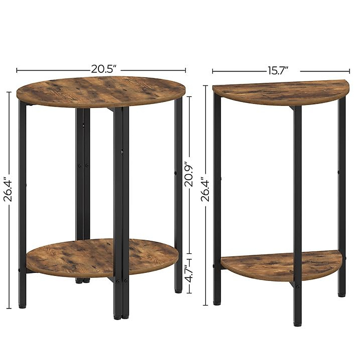 YATINEY End Tables Set of 2, Half Round Side Tables, Half Moon Table, 2-Tier Nightstands with Open Shelves, Accent Table, Entryway Table for Living Room, Bedroom, Rustic Brown ET07L2BR