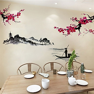 2 Sheets Japanese Style Splash Ink Landscape Painting Wall Sticker Red Cherry Blossom Wall Decals Removable Peel and Stick Mountain River Fisherman Mural for Bedroom Living Room TV Home Decor