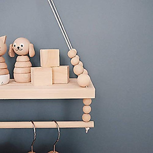 YINCOO Wooden Rope Swing Floating Shelves with Wood Beads, Hanging Rod for Wall Bedroom Kids Living Room Playroom Boho Decor Ornaments Nordic Display (Pink)