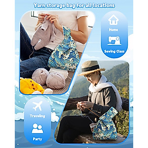 Coopay Knitting Bags and Totes for Women, Yarn Bags for Crocheting On The Go, Crochet Travel Bag for Crochet Supplies, Yarn Storage Bag Crochet Project Bags - Stamped Wave Blue