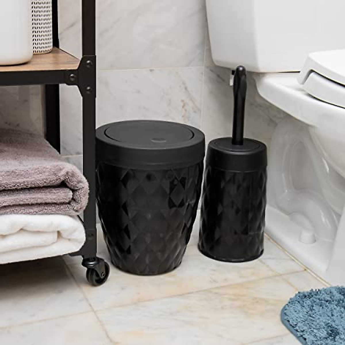 Mind Reader Basket Collection, Round Wastepaper Basket with Swivel Lid and Toilet Brush Set, Bathroom, 2 Piece Set, Bin is 8.75"W x 11.25"H and the brush is 15.25" H, 8.75"L x 8.75"W x 11.25"H, Black