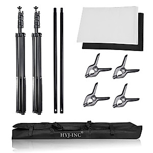 HYJ-INC Photo Background Support System with 8.5 x 10ft Backdrop Stand Kit, 100% Cotton Muslin Backdrop (White Black),Clamp, Carry Bag for Photography Video Studio