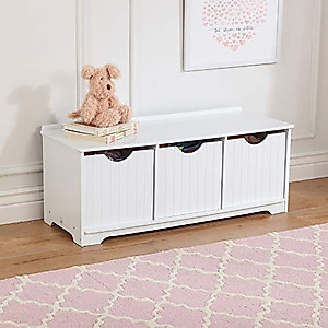 KidKraft Wooden Wall Storage Unit with 8 Plastic Bins and 13 Compartments - White, Gift for Ages 3+ & Nantucket Wooden Storage Bench with Three Bins and Wainscoting Detail - White, Gift for Ages 3+