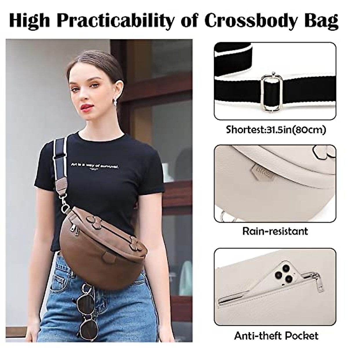 Eslcorri Crossbody Bags for Women - Fashion Sling Purse Shoulder Bag Fanny Pack Leather Causal Chest Bum Bag with Adjustable Wide Strap for Workout Traveling Running Shopping - Black
