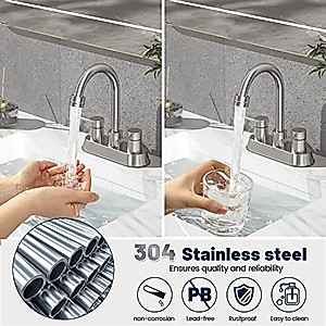 yeulluey 360 Swivel Spout Bathroom Sink Faucet with 2 Water Supply Lines, Brushed Nickel Lead-Free Bathroom Faucets Stainless Steel 4 Inch 2 Handle Centerset Faucet for Bath Basin 2 3 Hole
