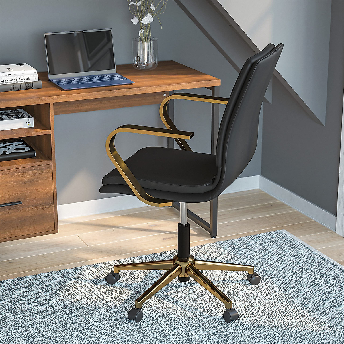 BizChair Mid-Back Designer Executive Office Chair - Black LeatherSoft Upholstery - Brushed Gold Base and Arms - Height Adjustable 360° Swivel Seat