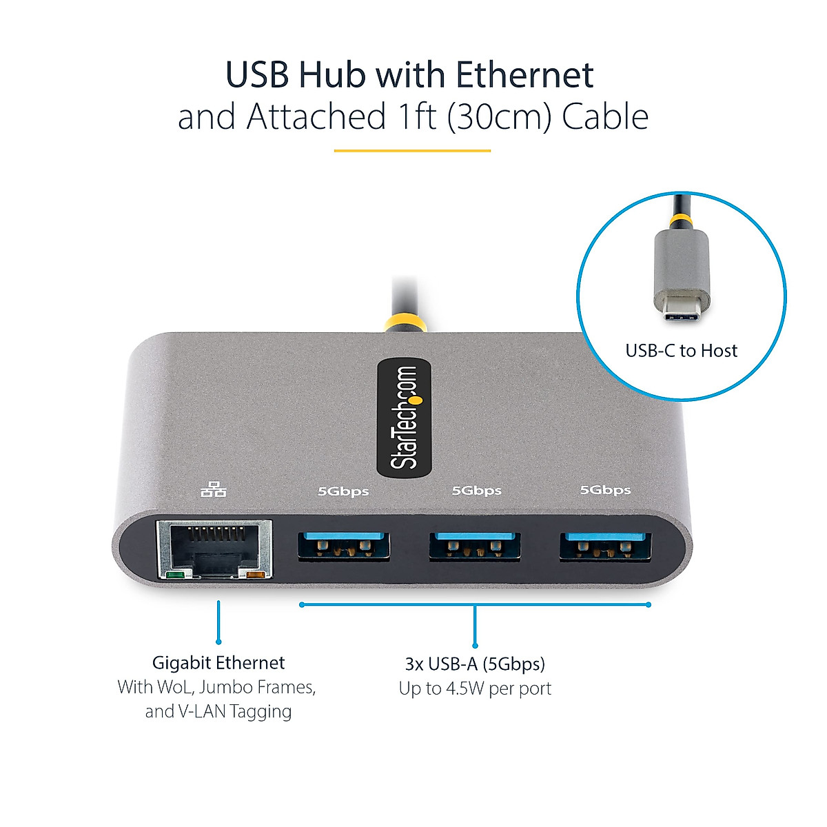 StarTech.com 3-Port USB-C Hub with Ethernet - 3X USB-A - Gigabit Ethernet - USB 3.0 5Gbps - Bus-Powered - 1ft/30cm Long USB Type-C Host Cable - GbE - Portable USB-C to USB-A Splitter (HB30C3A1GEA2)