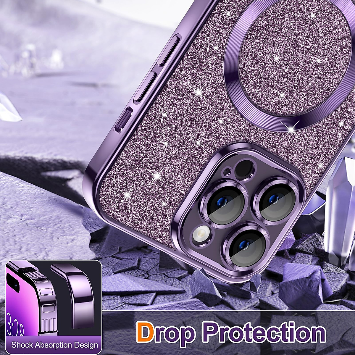Hython for iPhone 14 Pro Max Case Glitter, Clear Magnetic Phone Cases with Camera Lens Protector [Compatible with MagSafe] Bling Sparkle Plating Soft TPU Slim Shockproof Protective Cover Women-Purple