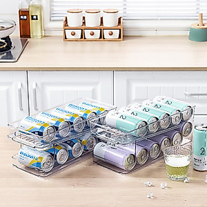 Automatic Rolling Can Dispenser, 2-Tier Soda Can Storage Organizer for Refrigerator, Drink Can Organizer for Fridge, Refrigerated Drawer with Handle for Freezer Kitchen Pantry (Plastic)