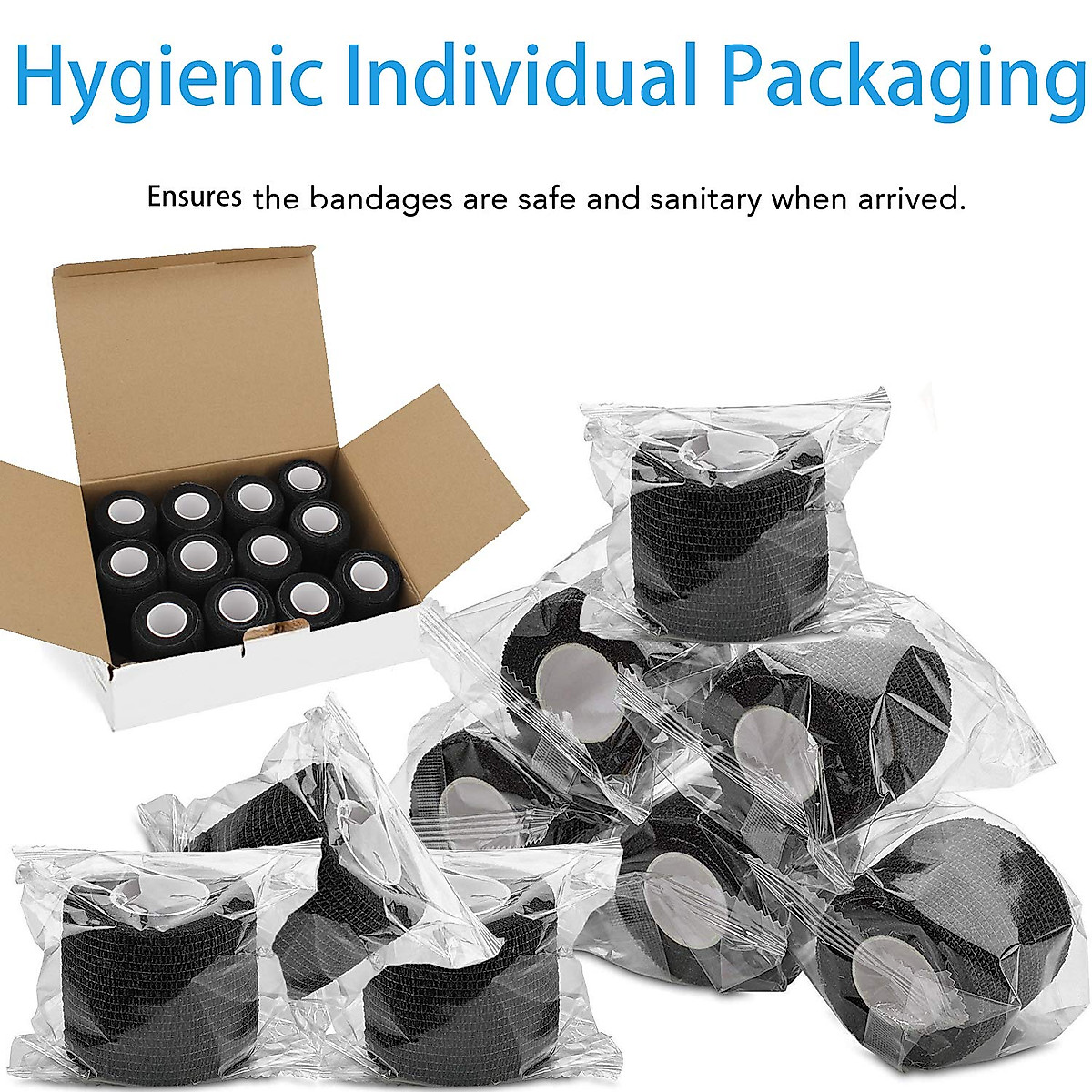 Self Adherent Cohesive Bandages 2" x 5 Yards - 12 Pack Self Adherent Wrap Medical Tape, Black Adhesive Flexible Breathable First Aid Gauze Wrap for Medical Use, Sports, First Aid Wrist Ankle (Black)