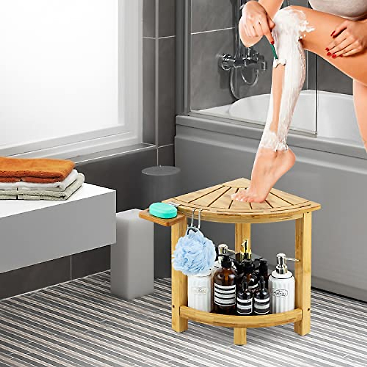ETECHMART Bamboo Corner Shower Stool for Shaving Legs Foot Rest, Waterproof Bath Bench Seat with Storage Shelf and Soap Dish for Bathroom Inside Shower, Use as Small Corner Table Step Stools, Bamboo