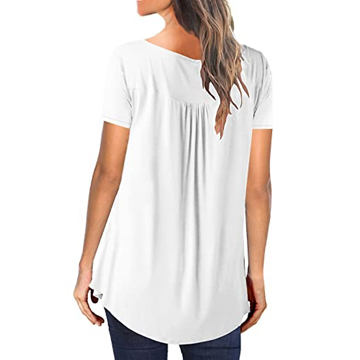 BeadChica Women's Casual Tunic Tops To Wear With Leggings Short Sleeve Flare Summer Loose TShirts Flowy Lace Blouses-White-L