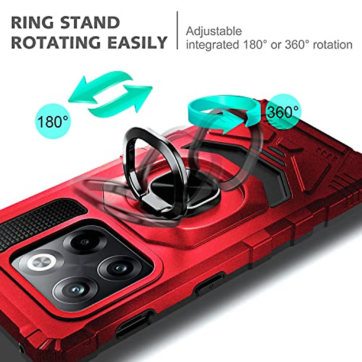 NZND Case for OnePlus 10T 5G with Tempered Glass Screen Protector (Maximum Coverage), Full-Body Protective [Military-Grade], Magnetic Car Ring Holder, Heavy-Duty Cover Case (Red)