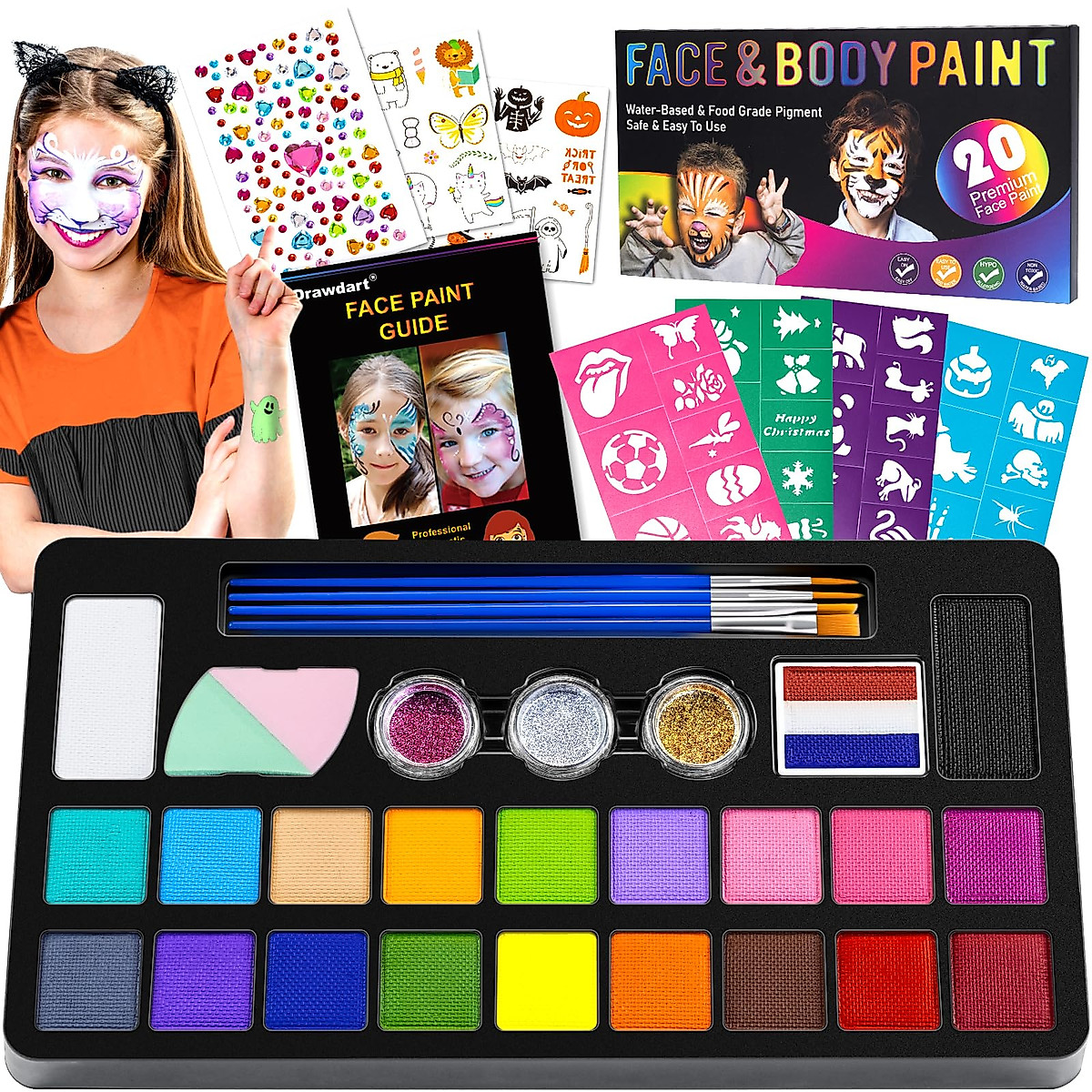 Drawdart Face Painting Kit for Kids - 20 Colors Water Based Non Toxic Face Paint Kit, Professional Face Paint for Kids with Stencils & Brushes - Parties, Birthdays, Halloween Face Body Makeup Kit