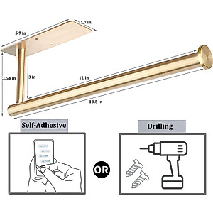 Gold Paper Towel Holder Under Cabinet Adhesive Wall Mounted Kitchen Paper Towel Roll Holder with Screws for Kitchen and Bathroom, SUS304 Stainless Steel