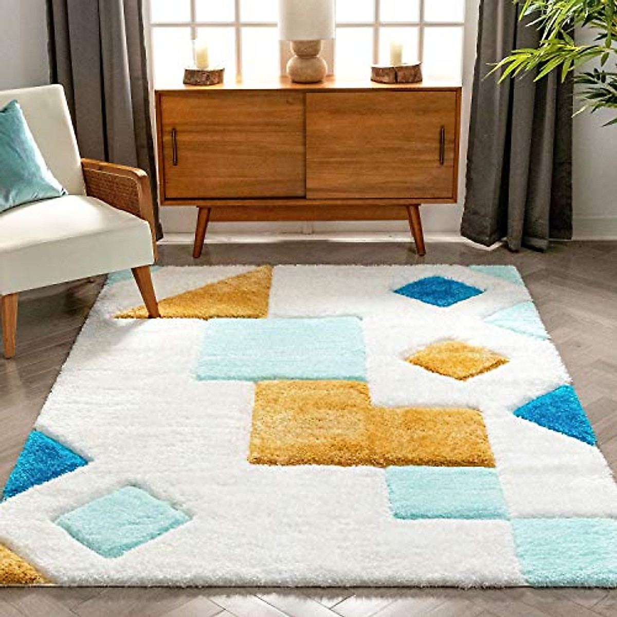 Well Woven San Francisco Teahupo Blue Modern Geometric 3D Textured Thick and Soft Shag 5'3" x 7'3" Area Rug