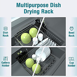 DOLRIS Dish Drying Rack, Dish Drainer for Kitchen Counter, SUS304 Stainless Steel Dish Rack with Utensil Holder and Dish Drying Mat, Silver