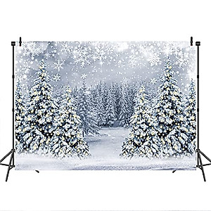 Mocsicka Winter Scene Backdrop Snowy Christmas Pine Tree Halo Spots Photography Background White Wonderland Snowflake Forest Party Holiday Photoshoot Props (White, 7x5ft)