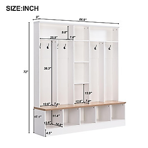 Wide Design Hall Tree with Storage Bench,Modern Style 4-in-1 Multiple Functions Hallway Coat Rack with 8 Hooks and Cube Storage & Shelves for Entryways, Mudroom(White)