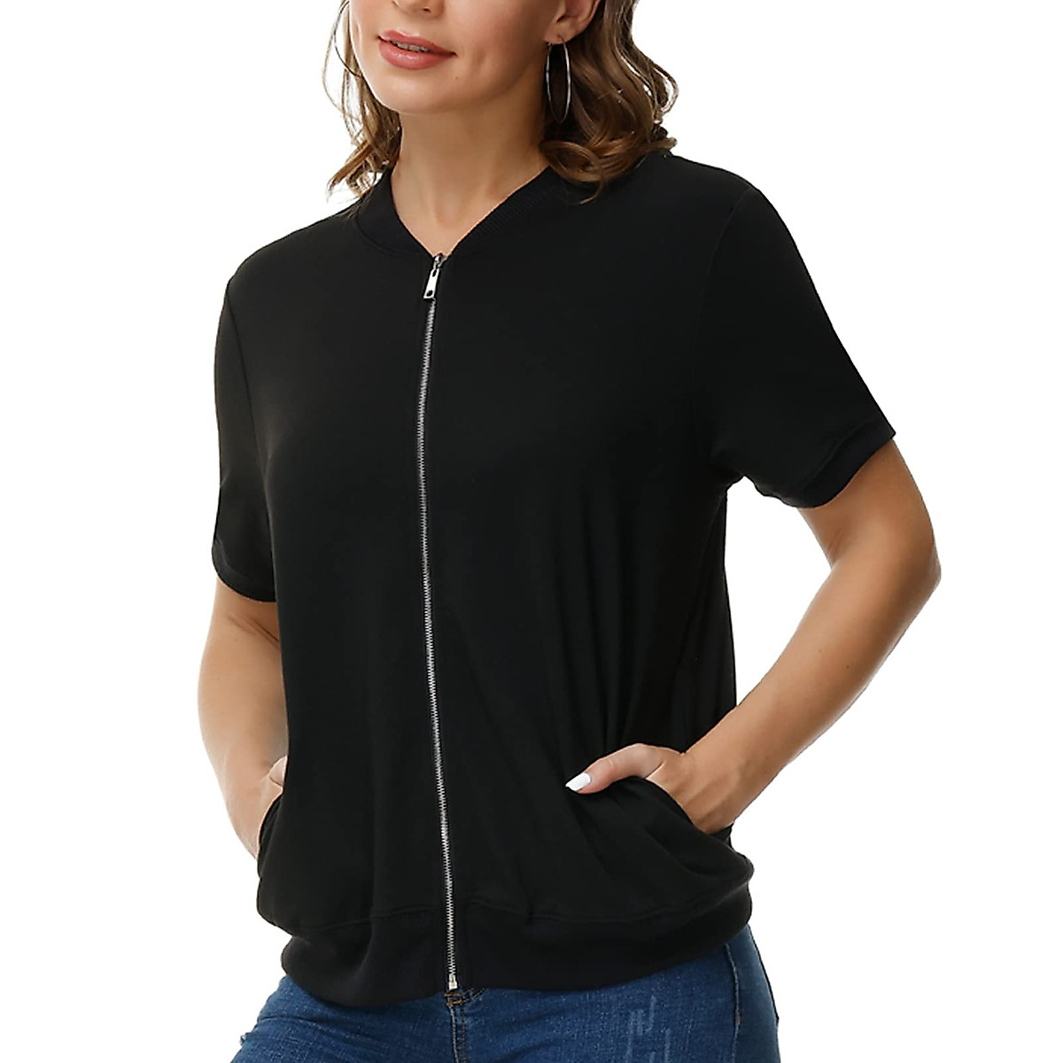 KANCY KOLE Womens Short Sleeve Sweatshirt with Pockets Full Zip Jacket Casual Pullover Shirt for Women(M,Black)