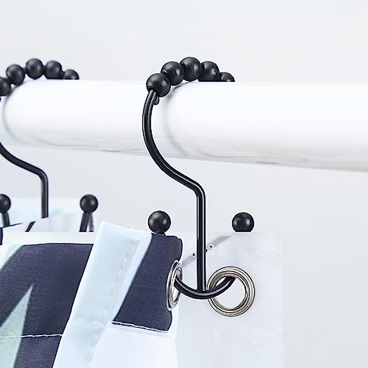 Shower Curtain Hooks, Goowin Shower Curtain Rings, Rust Proof Metal Black Shower Curtain Hooks, Free Sliding Shower Curtain Hooks, Double Shower Curtain Rings for Curtain & Liners, Black