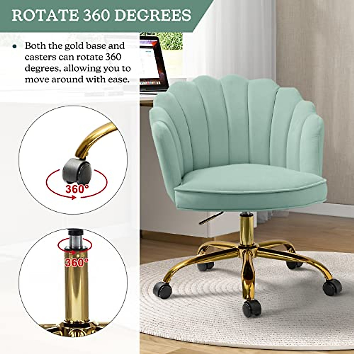HULALAHOME Velvet Home Office Chair with Gold Base, Womans Modern Cute Shell Back Upholstered Desk Chair for Vanity, Adjustable Swivel Task Chair for Living Room,【SAGE Chair for Desk】