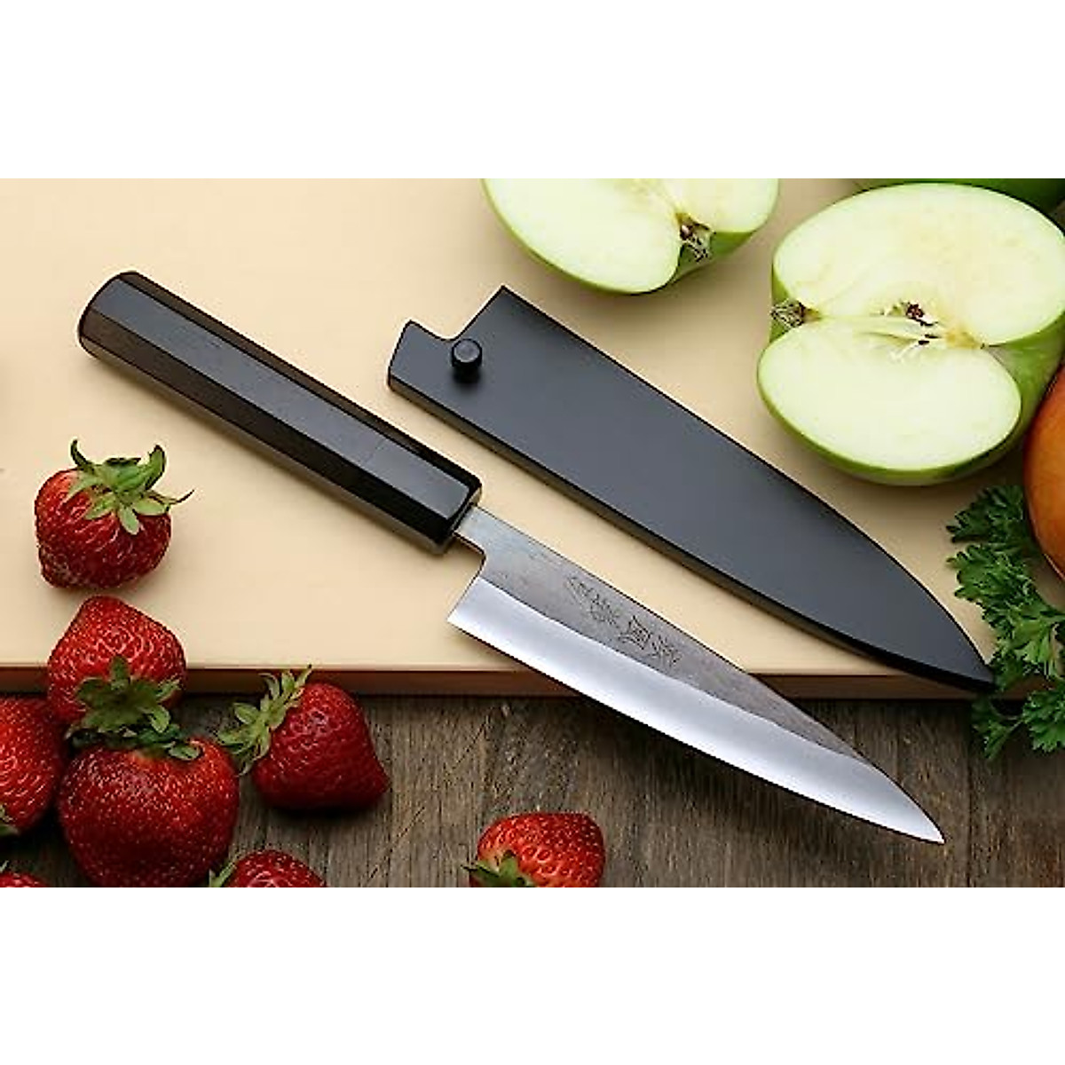 Yoshihiro Kurouchi Black-Forged Blue Steel Stainless Clad Gyuto Chefs Knife and Petty Utility Knife 2pc Set Ebony Handle (Gyuto 210mm & Petty 135mm)