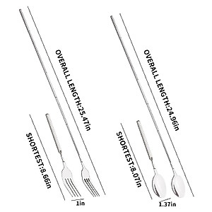 2PCS Extendable Fork Spoon, Telescopic Stainless Steel Dinner Long Forks Extends to 25 Inches, BBQ Fruit Dessert Long Handle Fork Spoon Cutlery Set