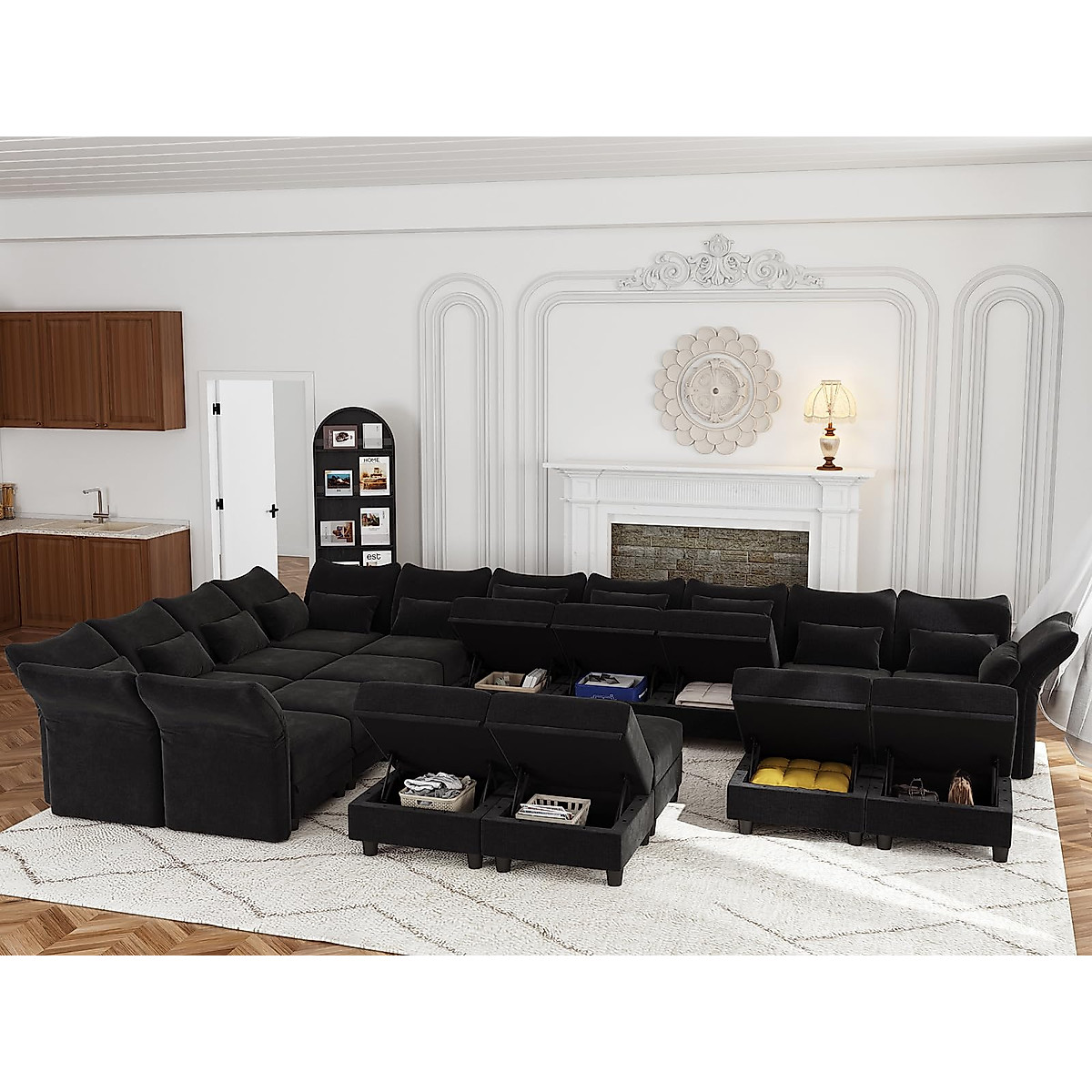 LLappuil Oversized Sleeper Sectional Sofa with Storage 21 Seater Modern U Shaped Modular Sectional Couches for Living Room, Adjustable Armrest Backrest, Chenille, Black