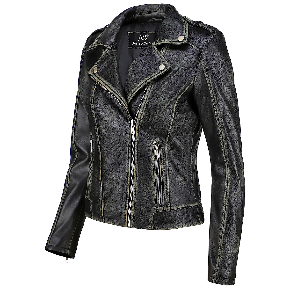 Jild Biker Style Vintage Leather Jacket Women - Casual Fashion Motorcycle Zip-Up Lightweight Coat Collar Women Leather Jacket (Distressed-M)
