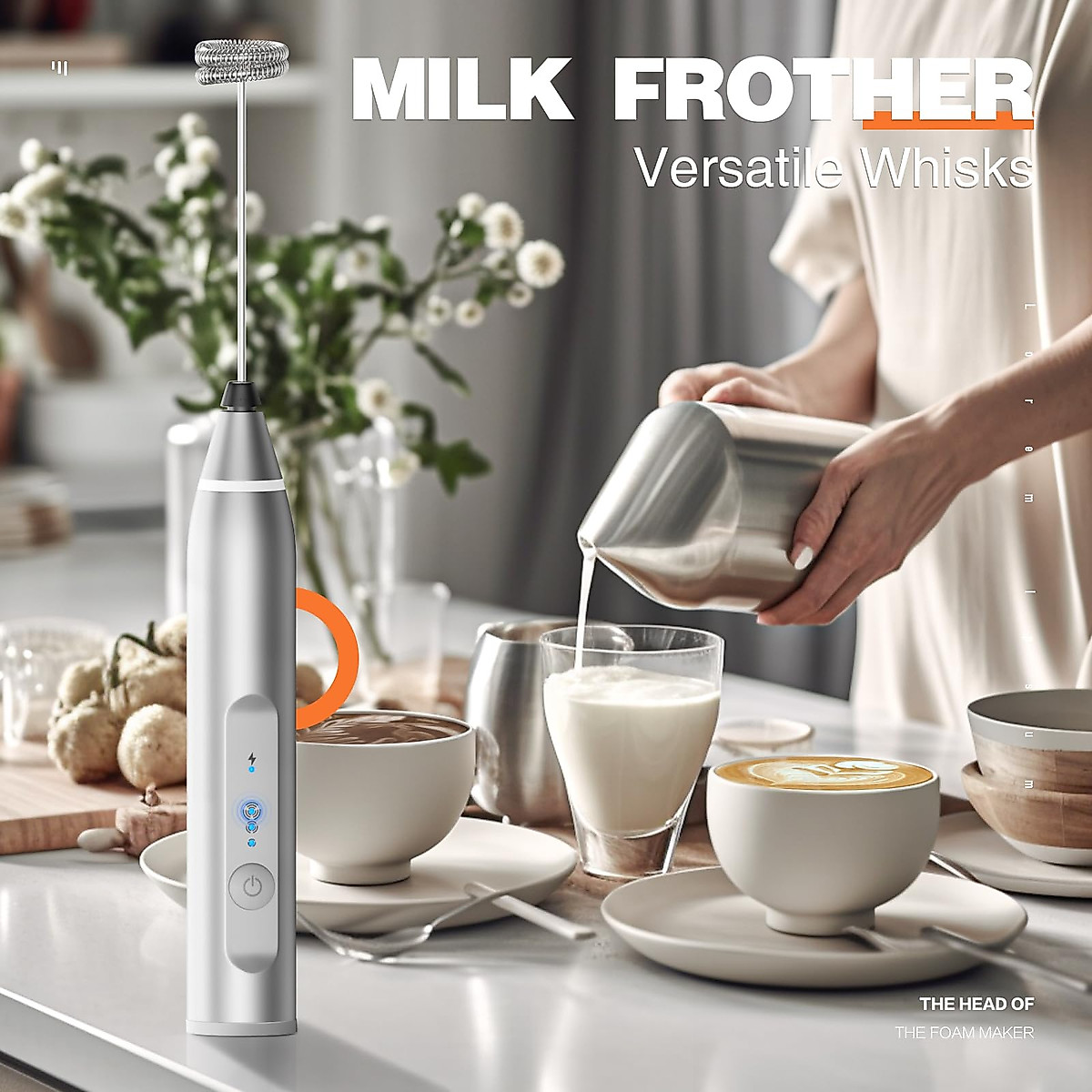 Milk Frother Rechargeable Handheld Electric Whisk Coffee Frother Mixer with 3 Stainless whisks 3 Speed Adjustable Foam Maker Blender for Coffee Matcha Latte Cappuccino Hot Chocolate(Classic Silver)