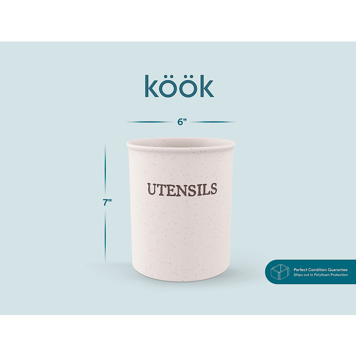 KooK Large Utensil Crock for Kitchen Counter, Ceramic Utensil Holder, Heavy & Stable Caddy, Farmhouse Decor, Matte Speckled Stoneware, Cream, 6 inch, Dishwasher Safe