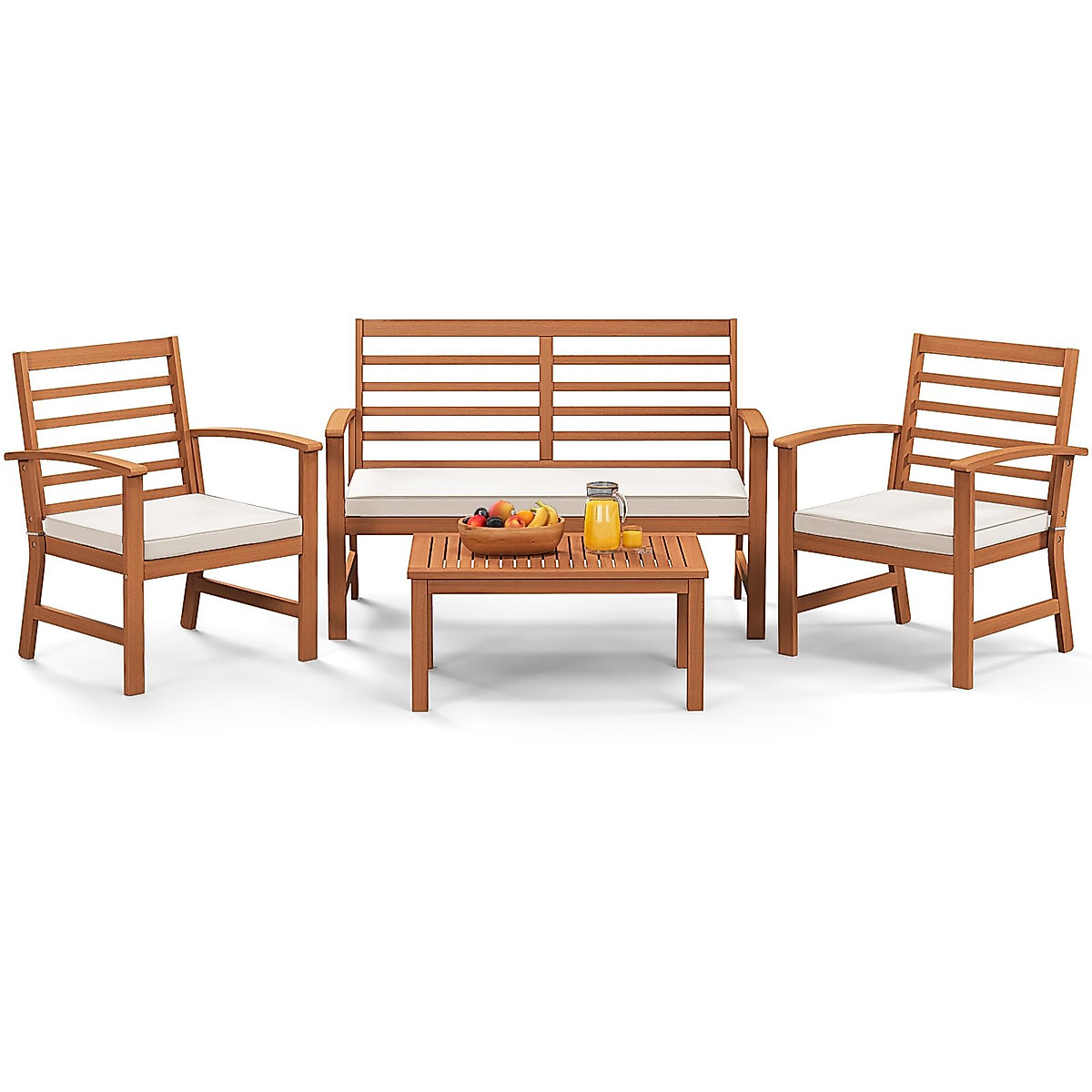 Tangkula 4 Pieces Outdoor Furniture Set, Acacia Wood Conversation Set w/Soft Seat Cushions, Stable Acacia Wood Frame, Patio Sofa & Coffee Table Set for Backyard, Porch, Poolside (White)
