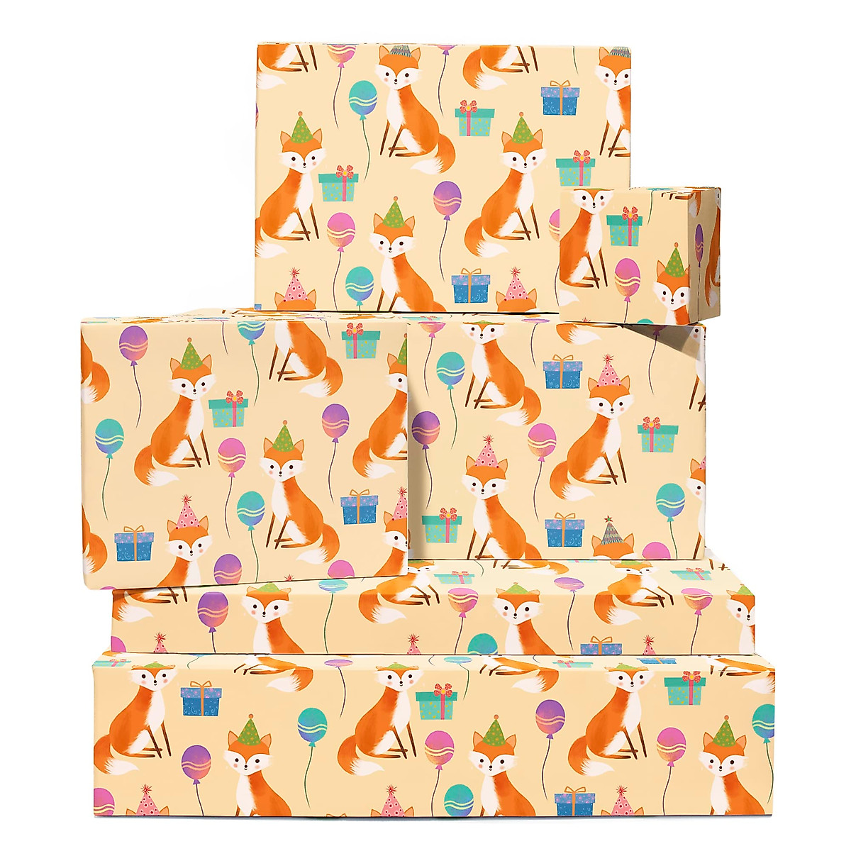 CENTRAL 23 Kids Wrapping Paper - 6 Sheets of Gift Wrap - Birthday Fox - For Baby Boys or Girls - Woodland - Comes with Stickers - Recyclable