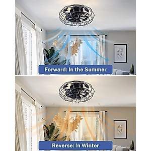 Glitnous 18'' Small Caged Flush Mount Ceiling Fans with Lights and Remote, Black Low Profile Rustic Farmhouse Modern Lighting & Ceiling Fan, Bladeless 6 Speed Timing for Bedroom Kitchen Dining Room