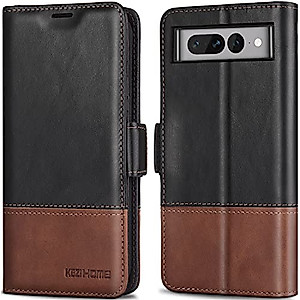KEZiHOME Google Pixel 7 Pro Case, Google Pixel 7 Pro Wallet Case [RFID Blocking] Genuine Leather with Card Slots Stand Flip Magnetic Closure Cover for Google Pixel 7 Pro 5G (2022) (Black/Brown)
