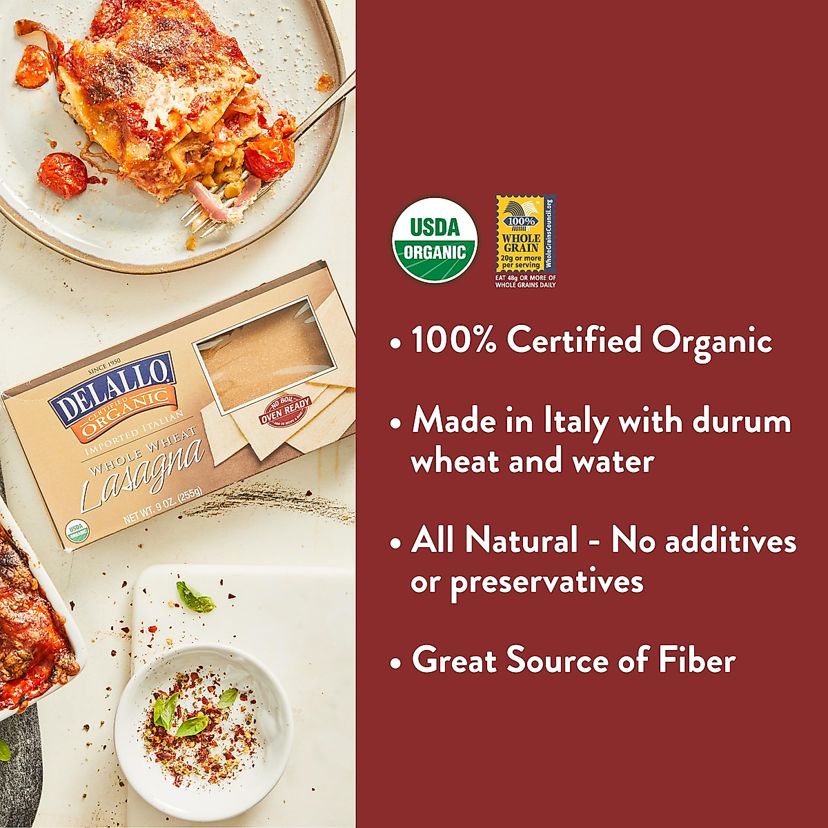 DeLallo Whole Wheat Lasagna Noodles, 9 Ounce Box, 4 Pack, Oven-Ready, 100% Whole Grain Pasta, Made with Durum Wheat, Made in Italy