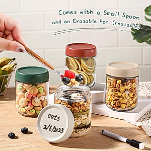 DIMBRAH Overnight Oats Containers with Lids, Mason Jars 16oz with Lids - Set Of 4, Practical Oatmeal Container to Go, Chia Seed Pudding Jars, with Spoon and Marker