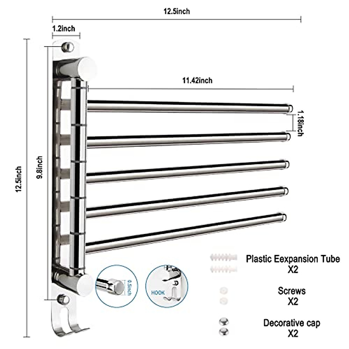 SCDGRW Swivel Towel bar 5 arm - Stainless Steel Bathroom Swing Towel Rack with Hook- Wall Mounted Towel Holder Storage Organizer for Bathroom Kitchen