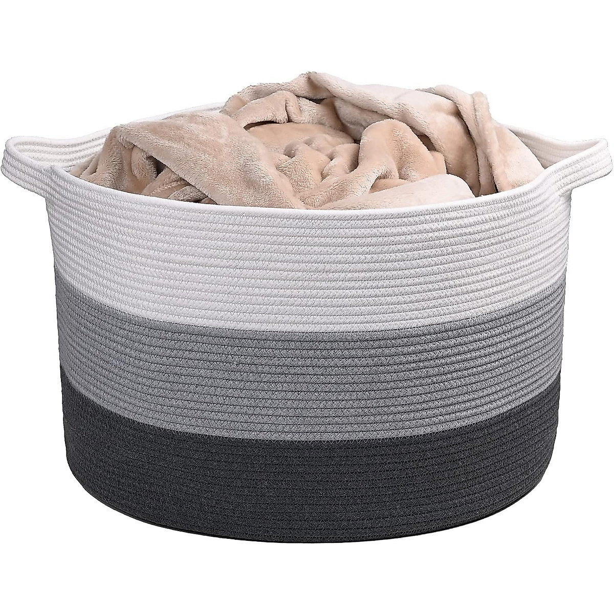 Handmade Large Cotton Rope Storage Basket, Laundry Hamper for Nursery, Woven Rope Laundry Hamper, 87L Laundry Basket for Blankets, Cotton Rope Basket with Handles, Clothes Organizer Grey & White