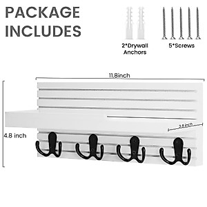 WeBravery Decorative Key Hanging Rack with 4 Double Hooks – Easy Install Natural Wooden Key and Mail Holder for Wall Mount – Entryway Decor Rack with Shelf (White)