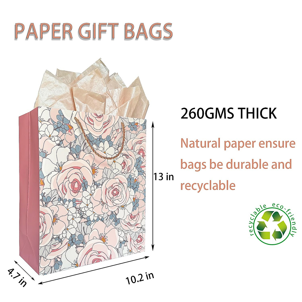 AMROSE Large 13'' Gift Bag withTissue Paper and Card, Recyclable Paper Gift Bag for Birthdays, Thanksgiving, Christmas, Mother's Day, Wedding, Engagement, Parties and More,Watercolor Floral