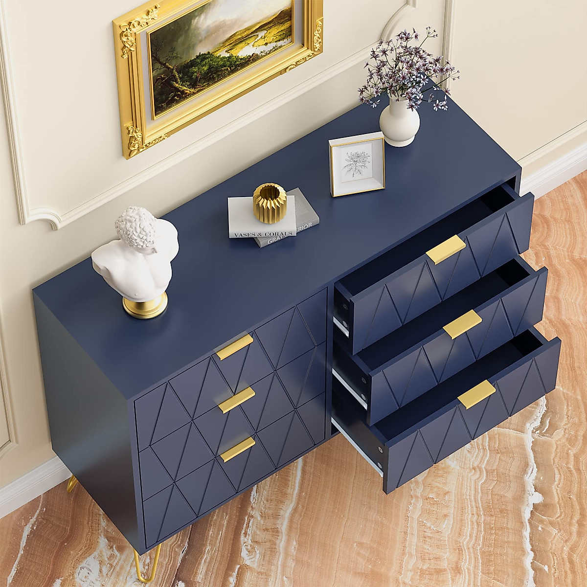UEV 6 Drawer Dresser,Modern Dresser Chest with Wide Drawers and Metal Handles,Wood Storage Chest of Drawers for Bedroom,Living Room,Hallway,Entryway (Navy Blue)