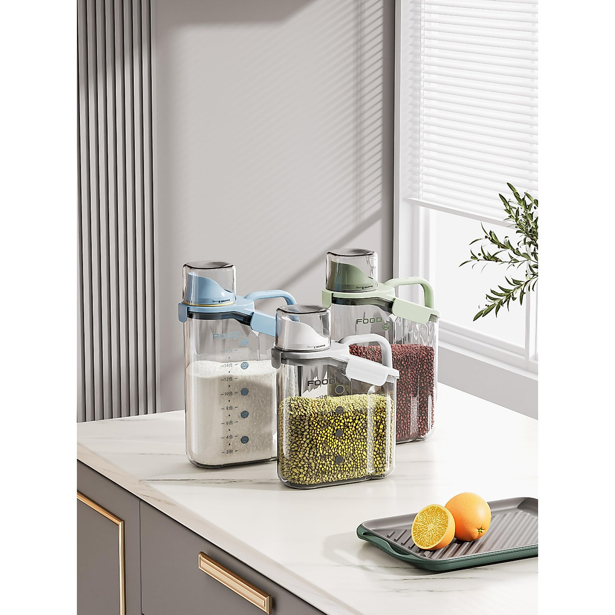 Total 2 items Cereal Containers Storage,Each2.5L Airtight Large Dry Food Storage .1 Blue 1 White.with Measuring Cup，BPA Free Plastic Dispenser，Suitable for Storing Grains Flour and Various Foods.