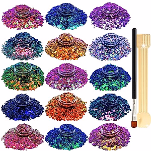 Nail Glitter SUPGIFT 15 Colors 130g Holographic Chunky Cosmetic Chameleon Sequins for Makeup Hair Body Art Slime Craft Resin with Brush 5 Spoons